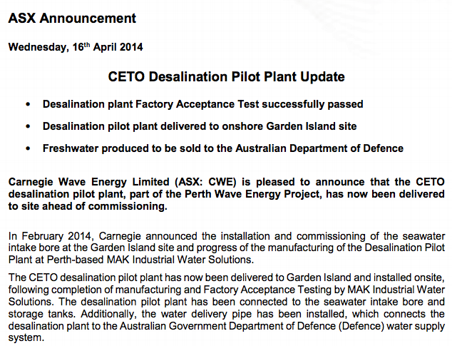 Carnegie CETO Desalination Pilot Plant Update - Wholesale Investor